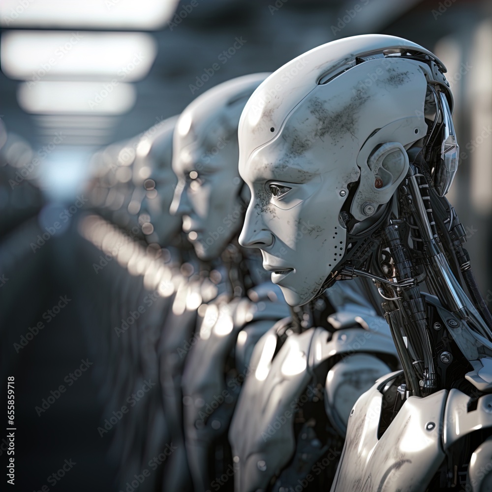 A line of humanoid robots stands silently. Great for stories on ...