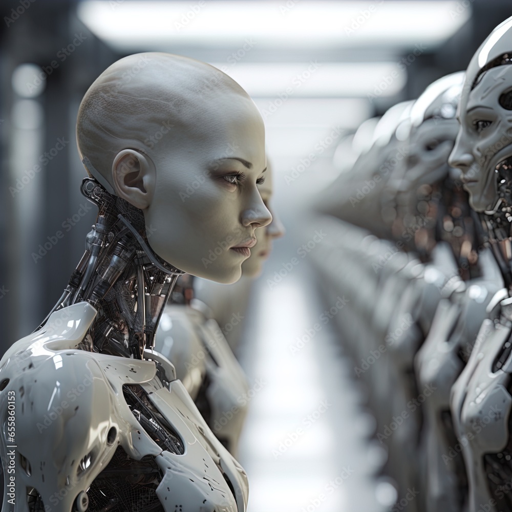 A line of humanoid robots stands silently. Great for stories on ...