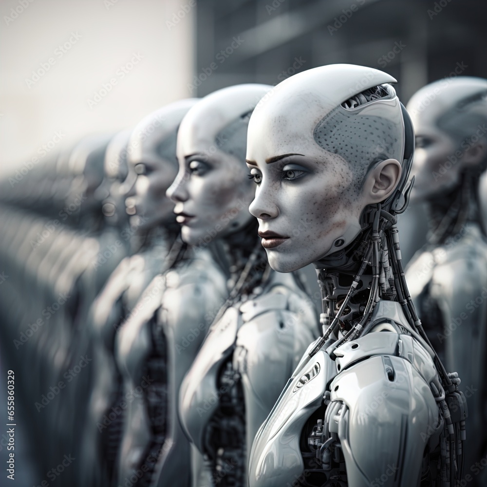 A line of humanoid robots stands silently. Great for stories on ...