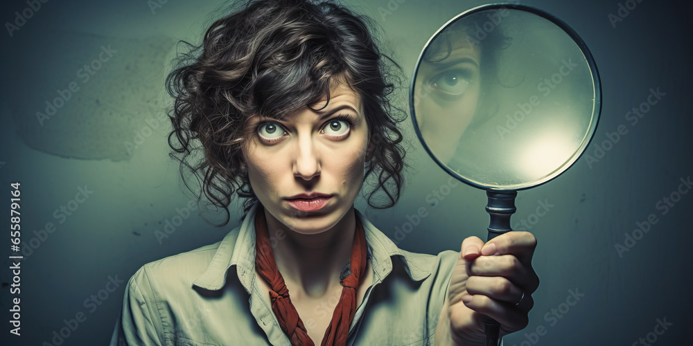 Mysterious woman scrutinizing clues with a large magnifying glass ...