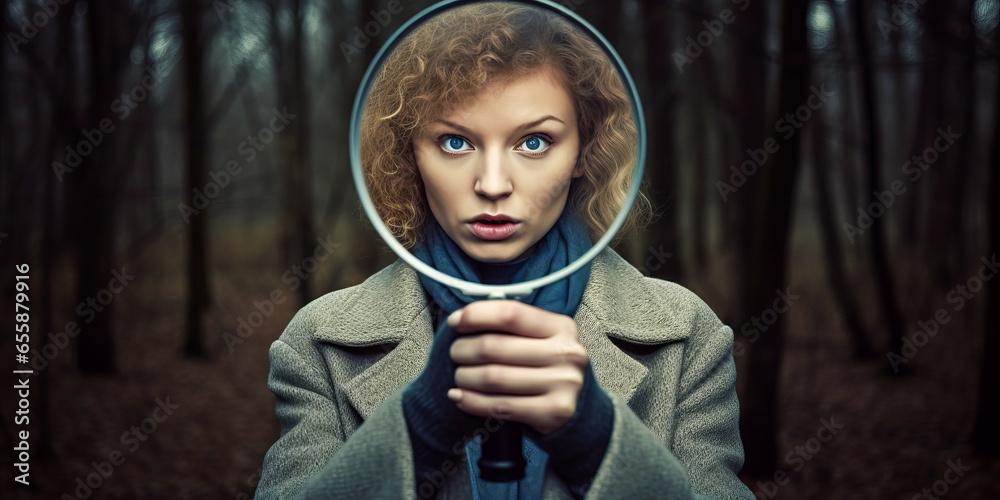 Intriguing woman acting as a private detective, curiously examining ...
