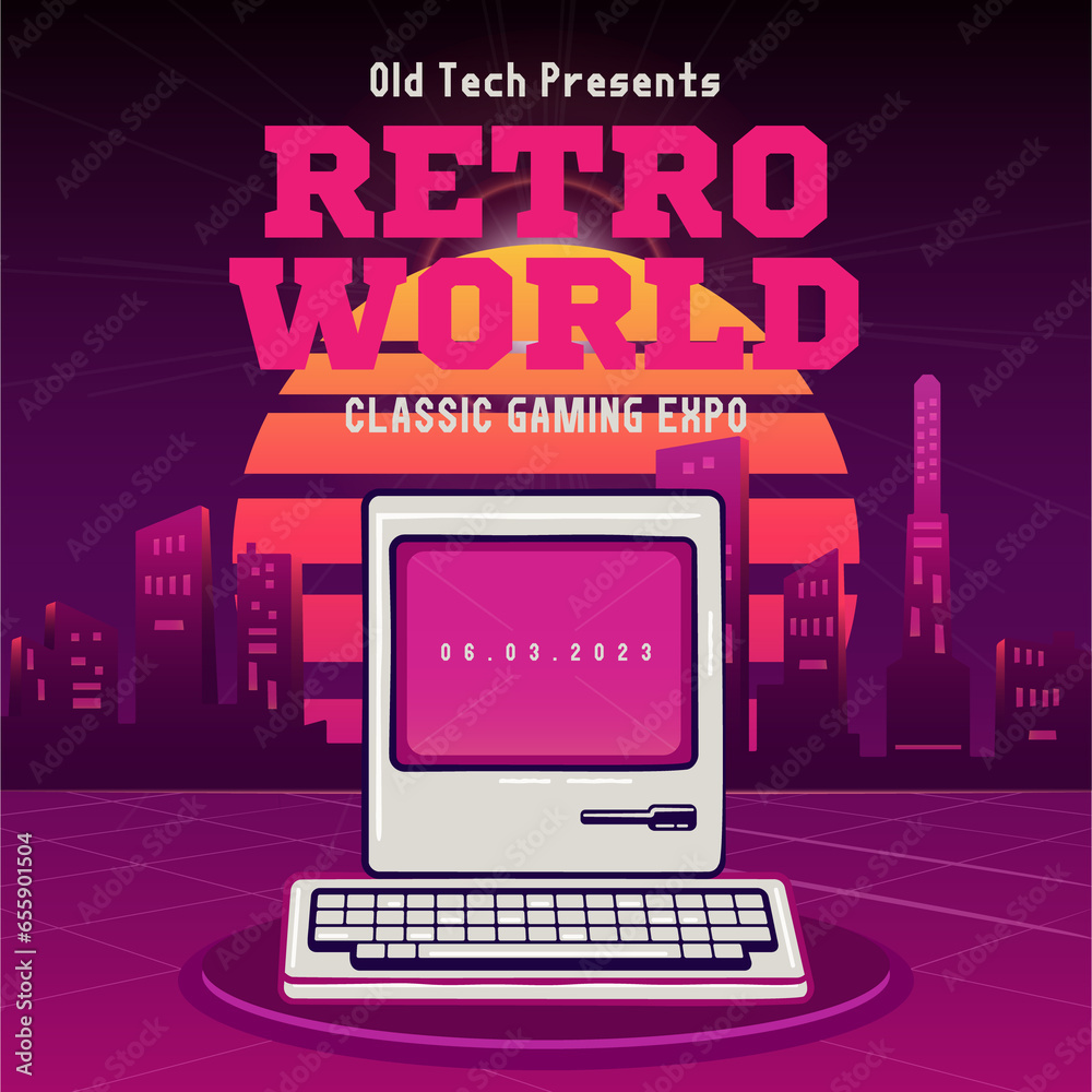 Retro Gaming Social media post template with vintage PC. Classic Games ...
