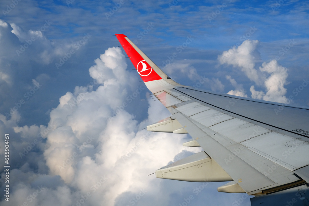 Turkish Airlines THY Airbus A321 wing and clouds Stock Photo | Adobe Stock