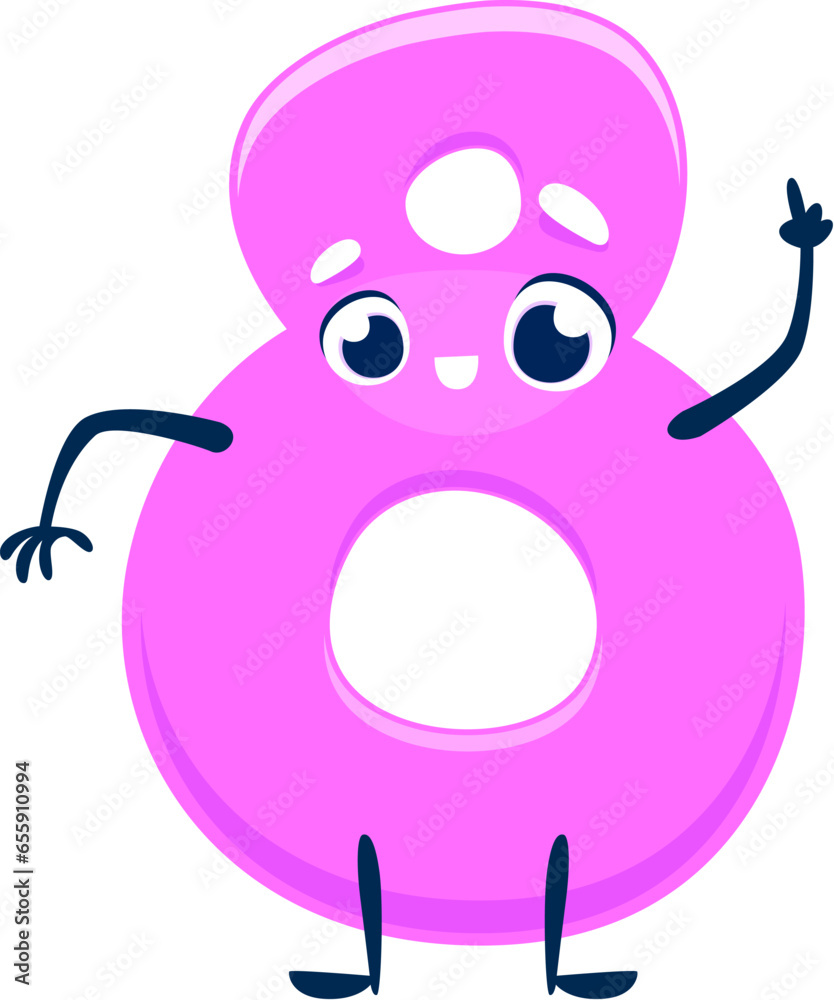 Cartoon cute funny eight number character, kids math education. Happy ...