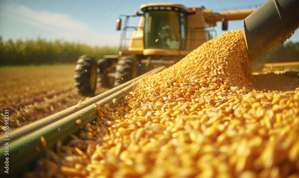 Grain auger of combine pouring corn grain into tractor trailer after ...