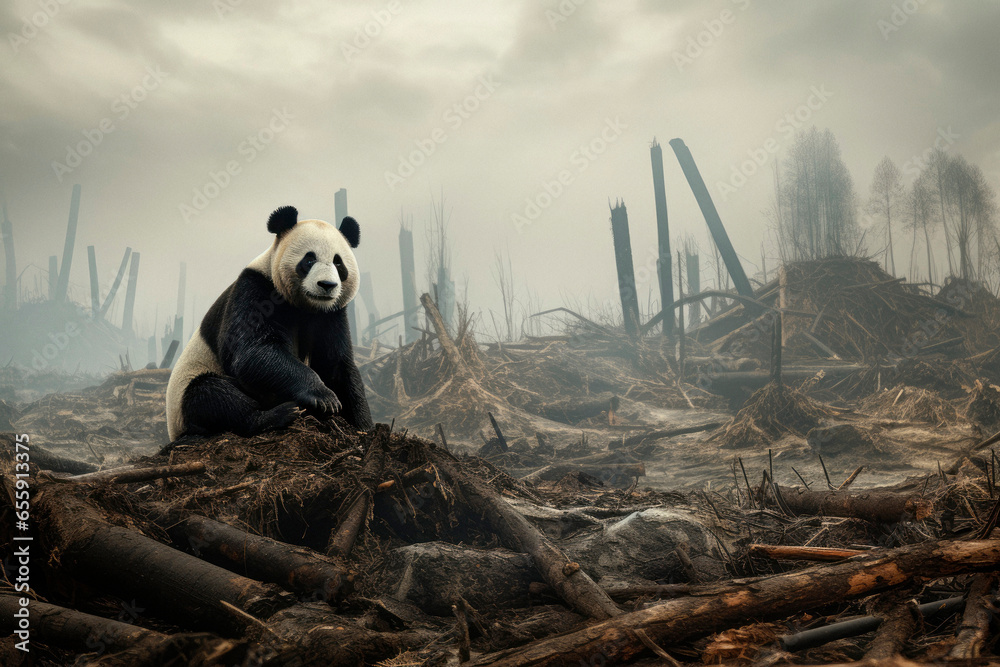 Heartbreaking Loss of Home. A Devastated Panda Amidst Deforestation ...
