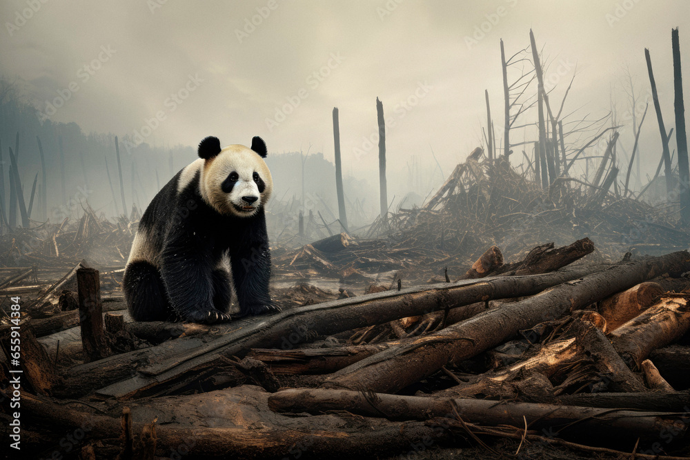 Heartbreaking Loss of Home. A Devastated Panda Amidst Deforestation ...