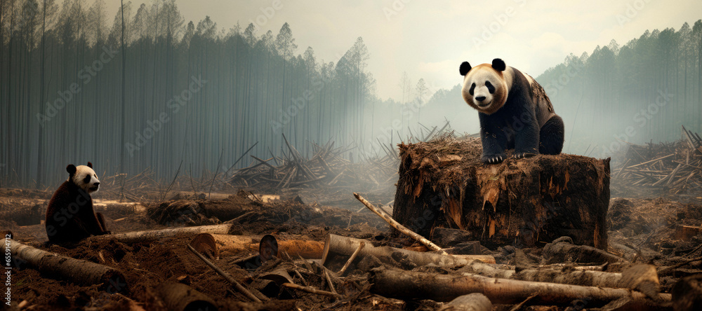 Heartbreaking Loss of Home. A Devastated Panda Amidst Deforestation ...