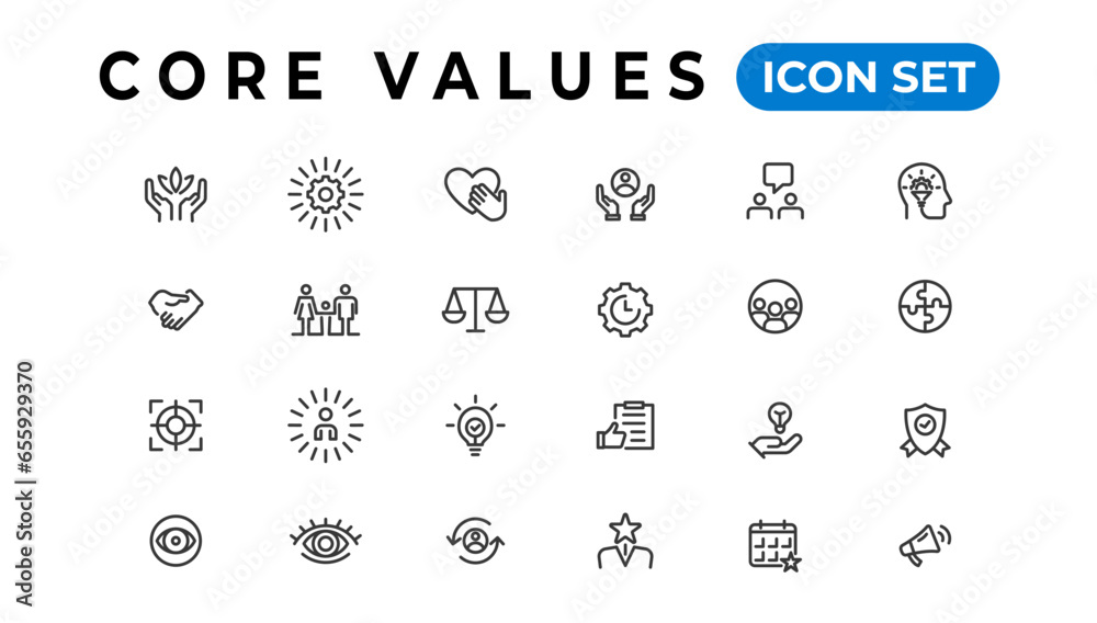 Core value icon banner collection. Containing innovation, goals ...