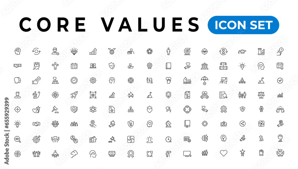 Core value icon banner collection. Containing innovation, goals ...