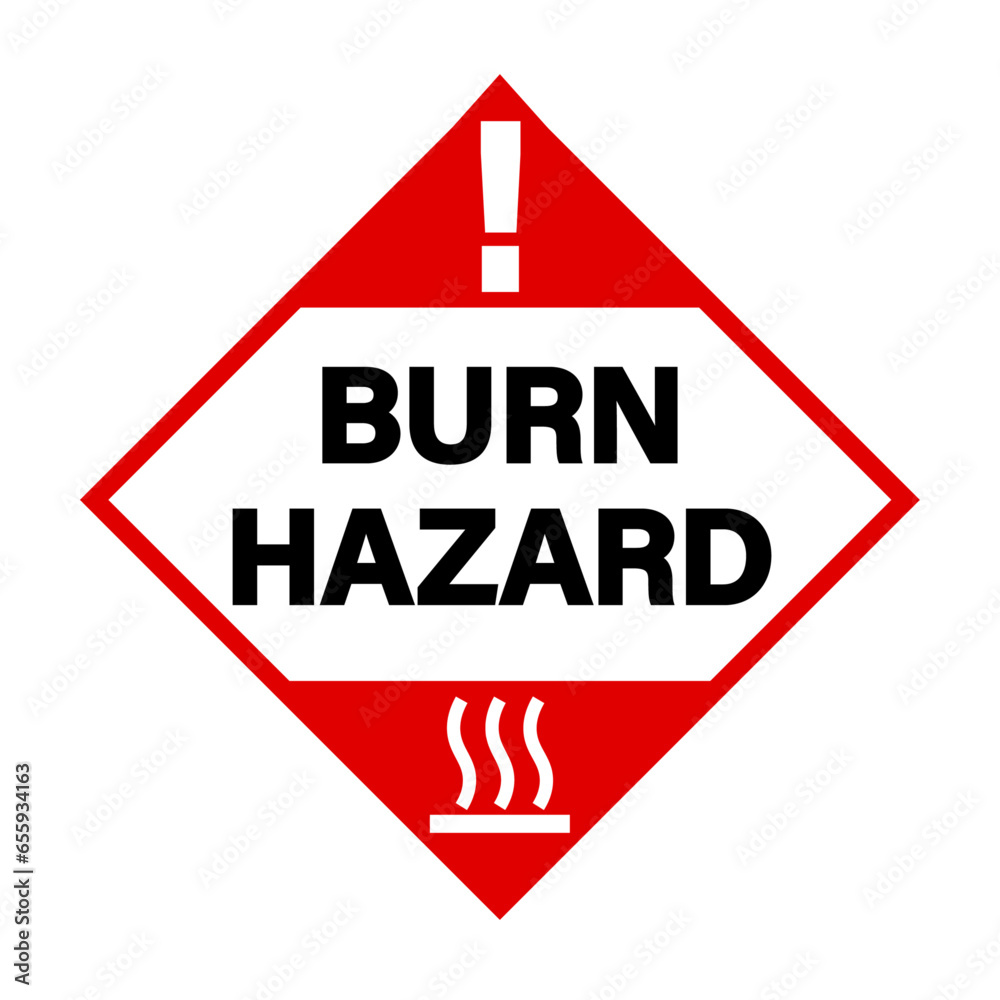 Burn hazard, rhombus shape warning sign with symbol and text on red and ...