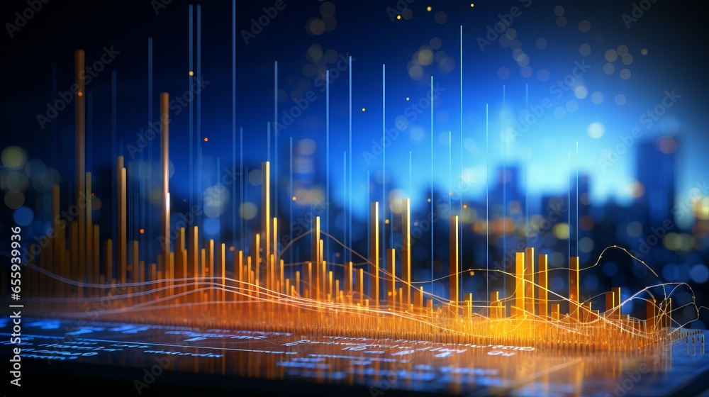 Illustration of dynamic market graphs in blue and yellow hues with a ...