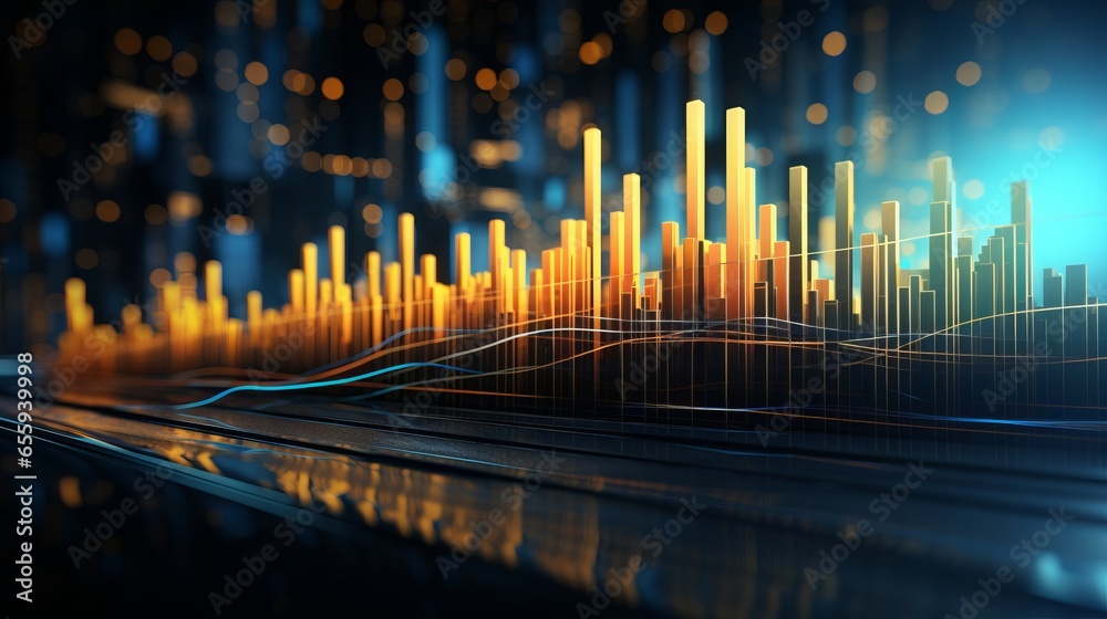 Illustration of dynamic market graphs in blue and yellow hues with a ...