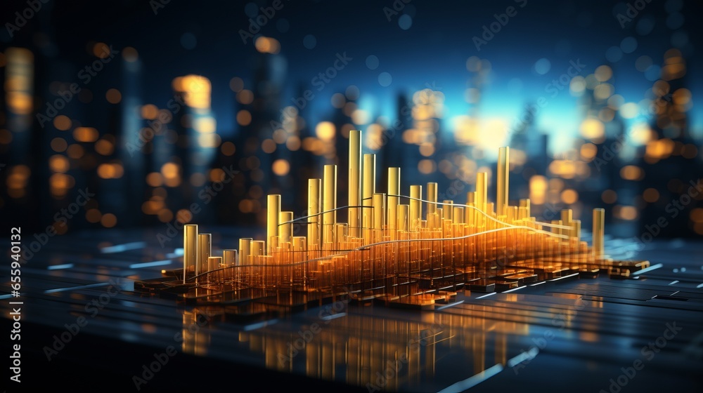Illustration of dynamic market graphs in blue and yellow hues with a ...