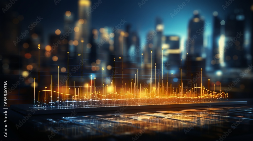 Illustration of dynamic market graphs in blue and yellow hues with a ...