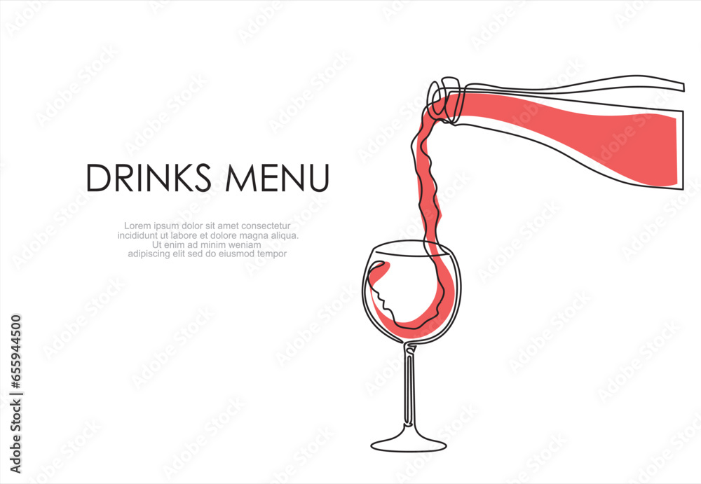 Drinks menu. Continuous one line drawing of bottle and a glass ...