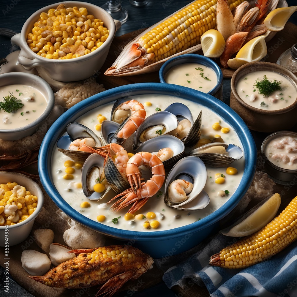 images of a seafood feast, accompanied by a selection of buttered corn ...