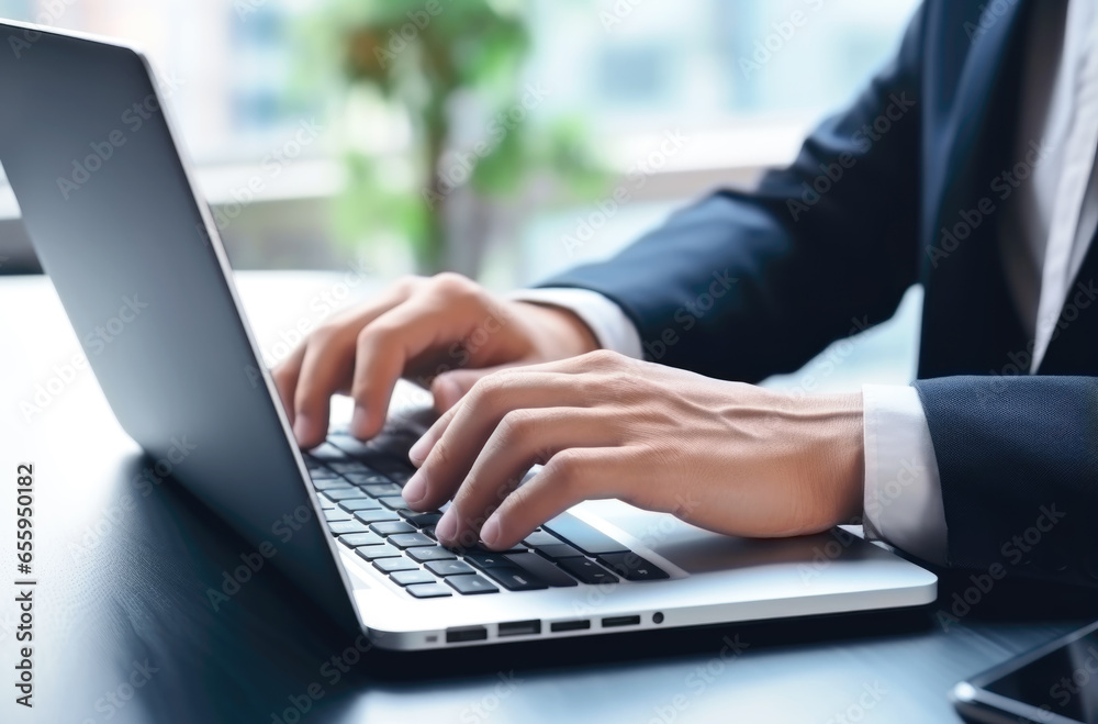 Close up of man hands typing text on laptop keyboard sitting at wooden ...