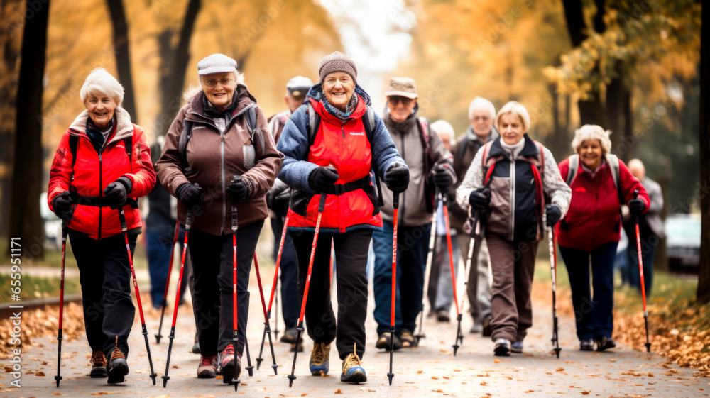 Poster Older people doing Nordic walking exercises – Wall Art | UkPosters