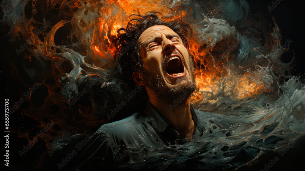 Person in the Darkness. Man is Screaming in Dust and Flames. Person in ...