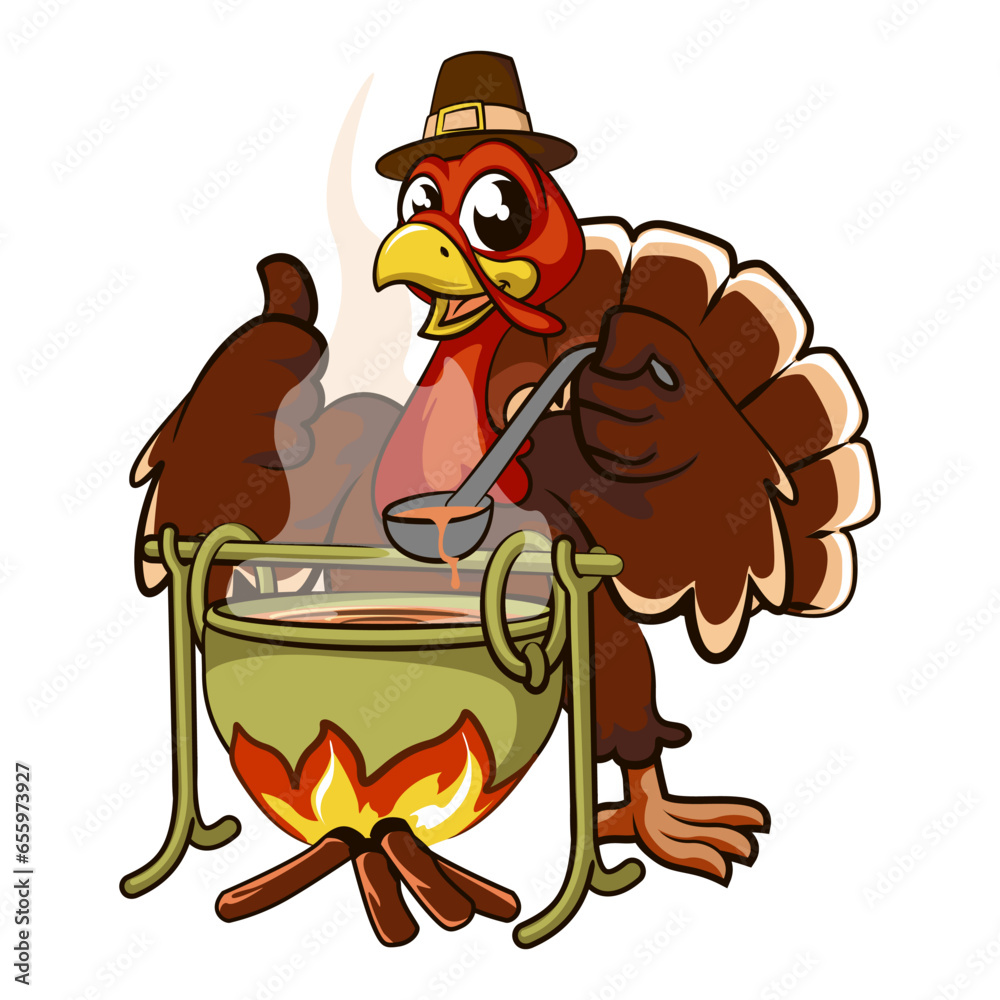 cartoon character mascot of a turkey cooking soup in a stove over a ...
