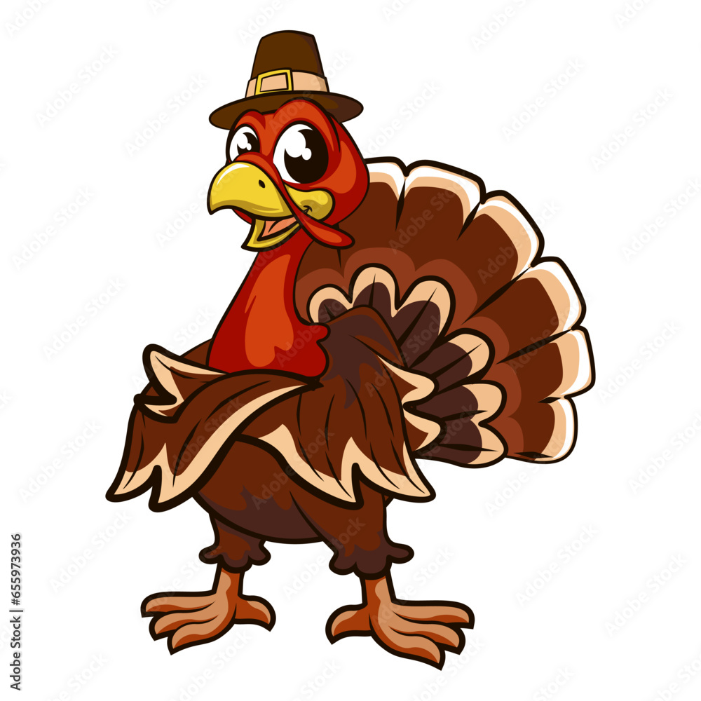cartoon character mascot of turkey standing with folded arms in pilgrim ...