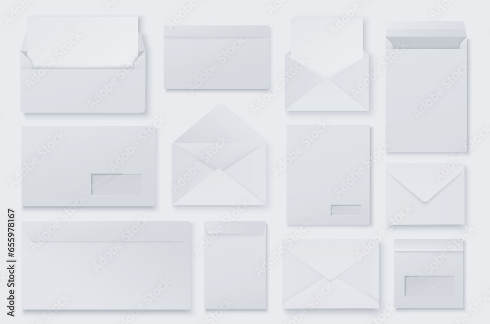 White envelopes mega set in 3d realistic design. Bundle elements of ...