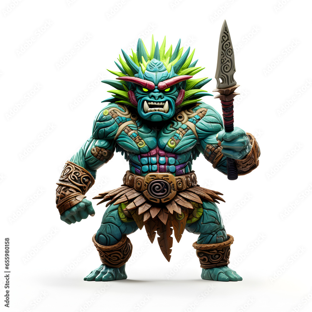 Blue tribal looking monster with green eyes wearing leather armor and ...