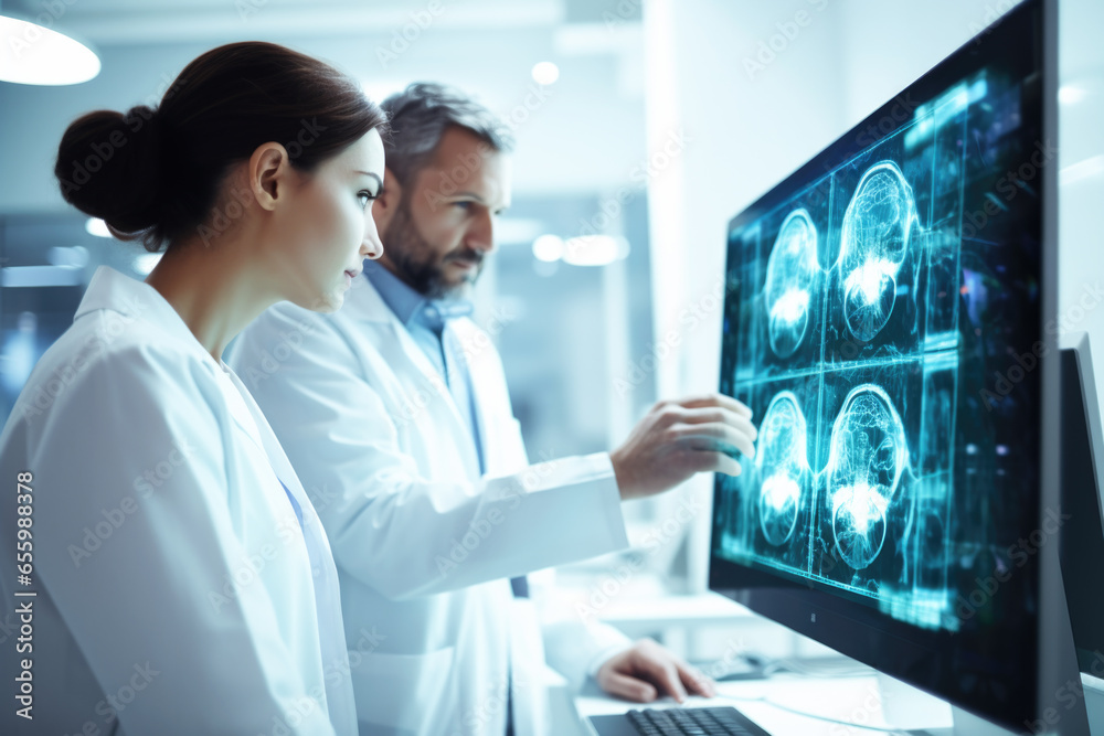 Doctors radiologists looking at MRI or CT scan images on monitor ...
