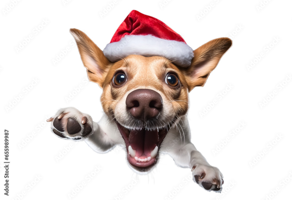 Funny dog in jump wearing Christmas Santa Claus hat. shocked surprised ...