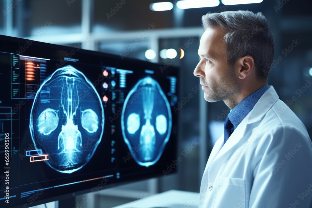 Doctor radiologist looking at MRI or CT scan images on monitor, trying ...