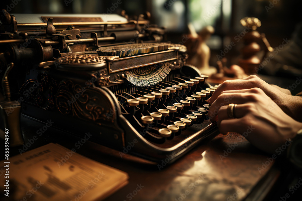 An antique typewriter with keys clicking as a writer composes a ...