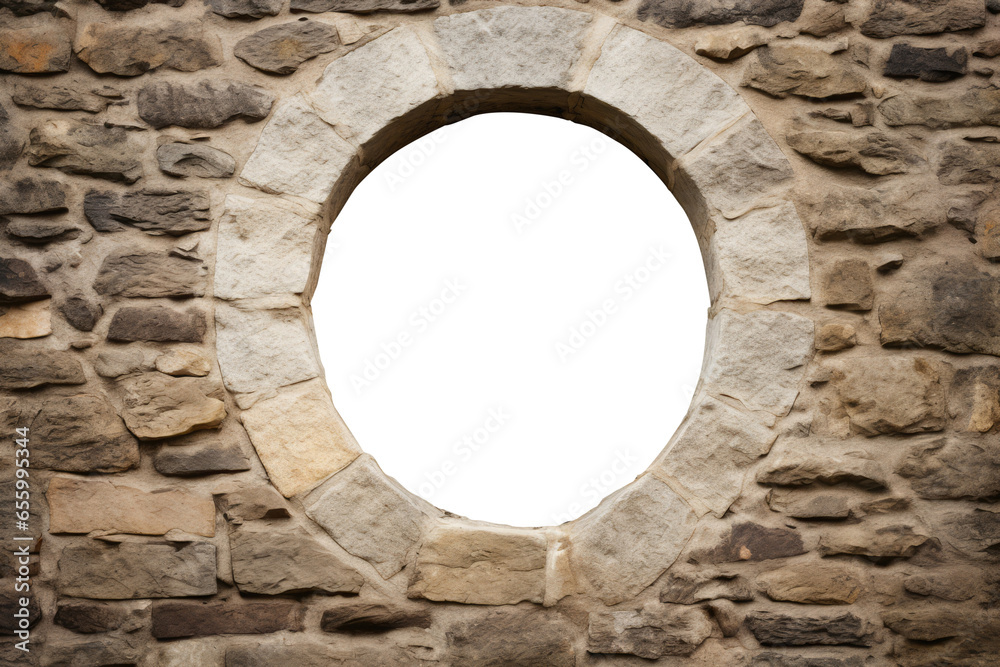 small rounded Gothic arch stone medieval window. Brick, stone wall ...