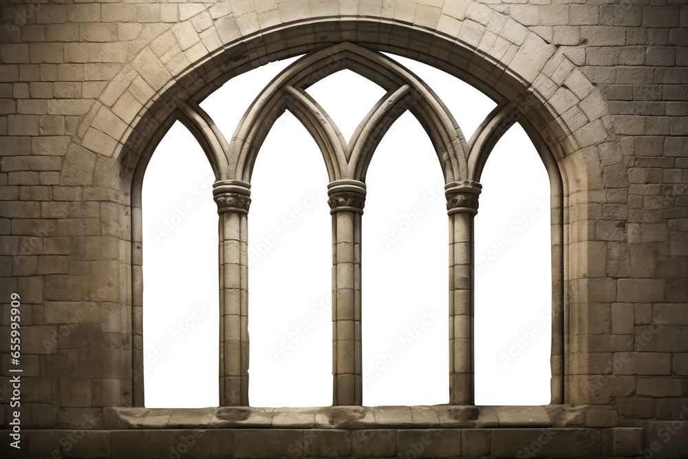 Palace fancy window. Gothic arch stone medieval window. Brick, stone ...