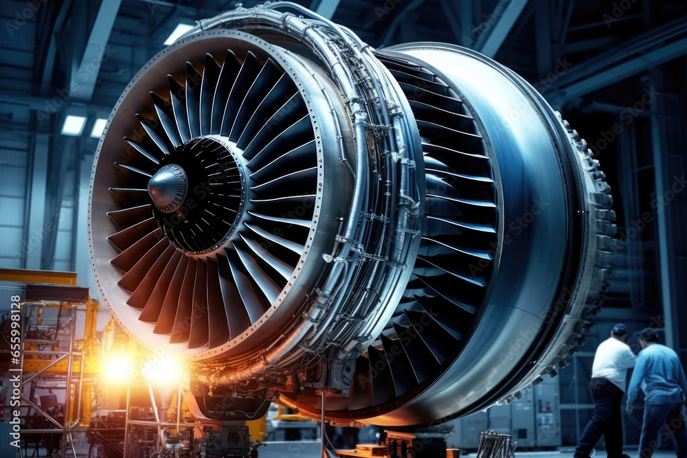 Jet engine close up. Maintenance at aircraft hangar.Jet engine ...