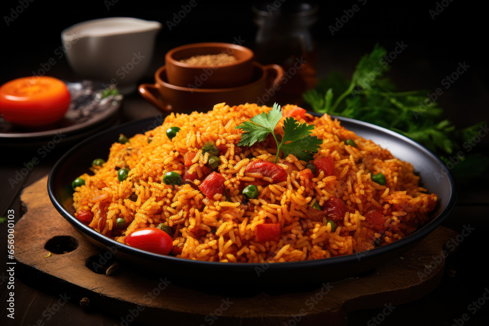 A plate of jollof rice, a West African one-pot rice dish cooked with ...
