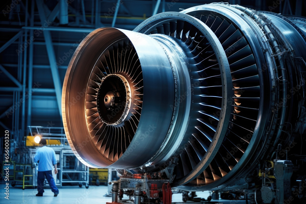 Jet engine close up. Maintenance at aircraft hangar.Jet engine ...