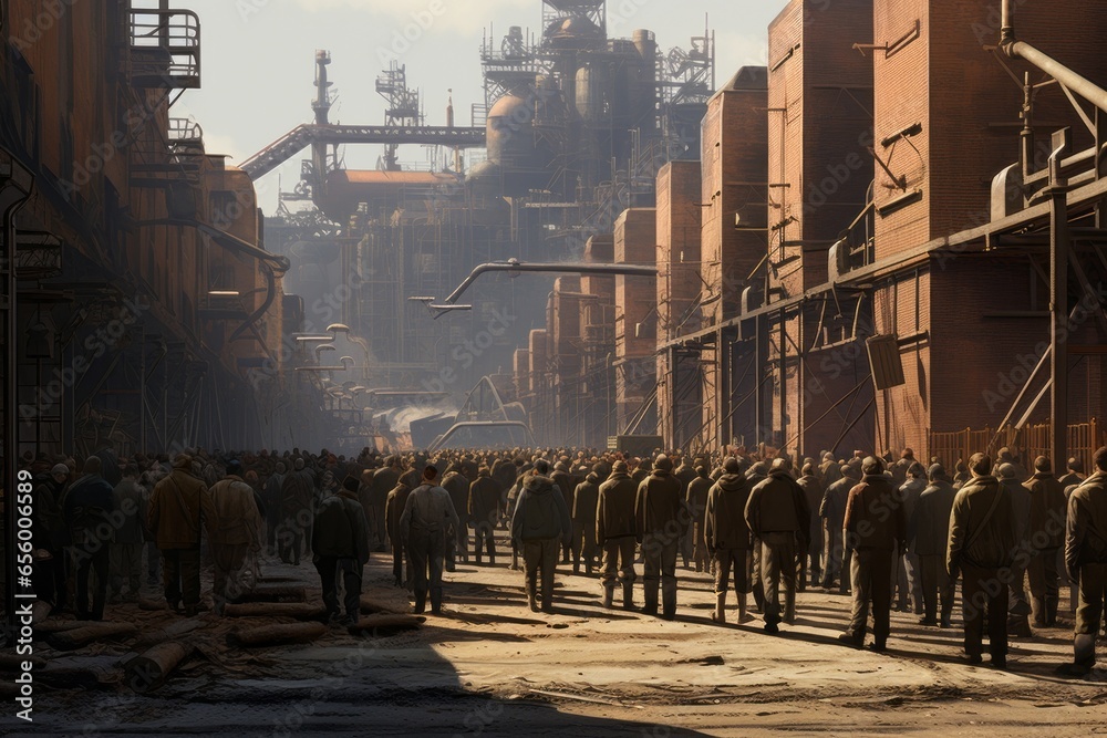 A Crowd of workers outside of the factory on their way to strike for ...