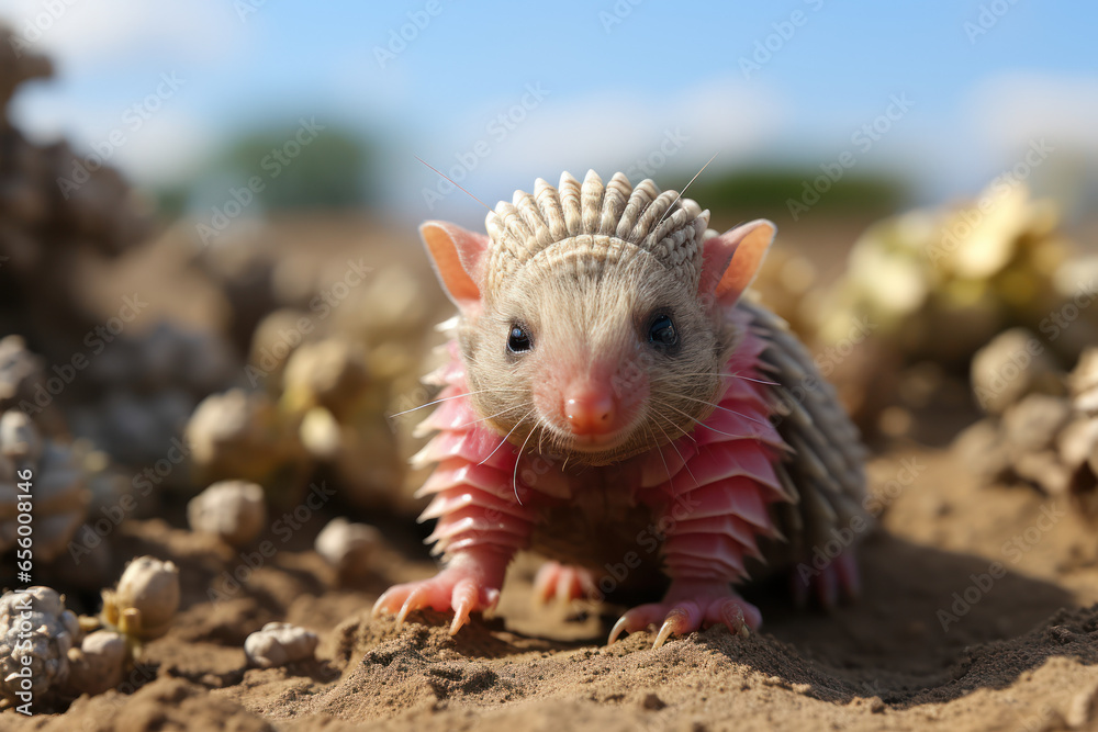 A pink fairy armadillo, the world's smallest armadillo species, burrowing beneath the arid ...