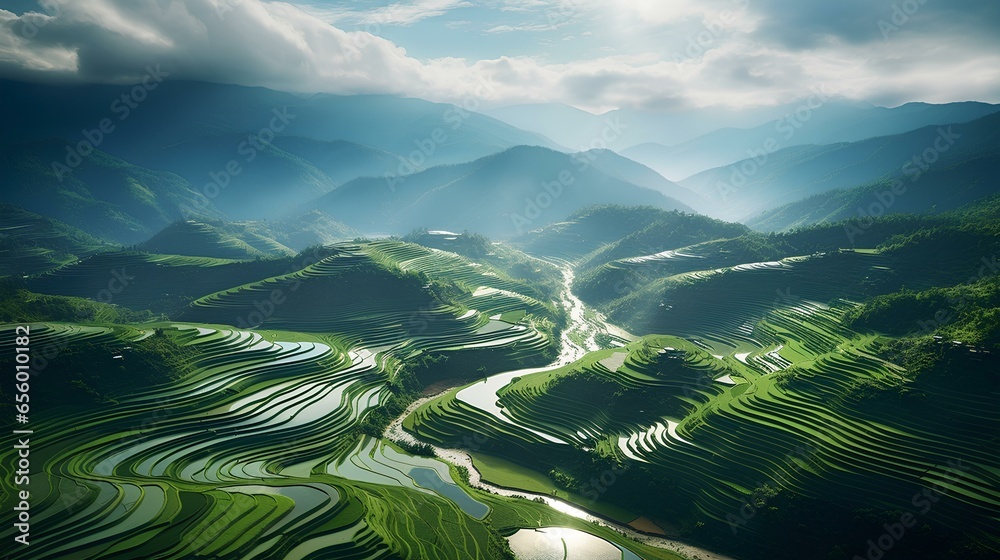 Aerial capture of terraced rice paddies in Southeast Asia, glimmering ...