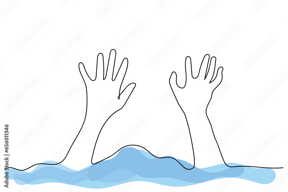hand and water. line art vector of hand shown drowning in deep waters ...