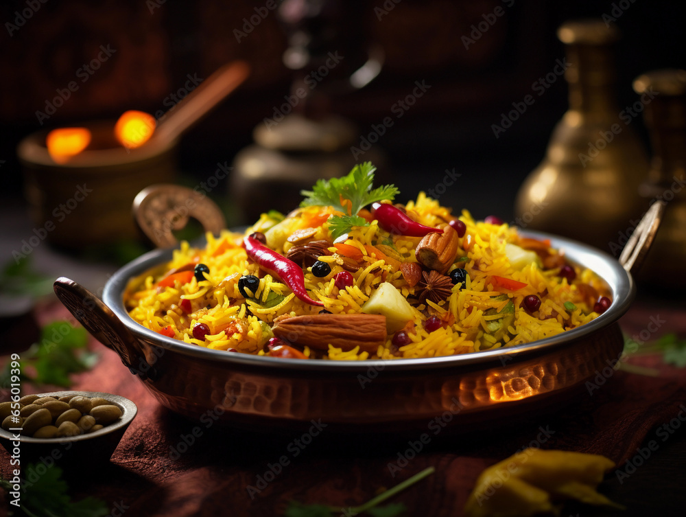 Authentic Indian biryani, close - up, vivid colors, aromatic spices ...