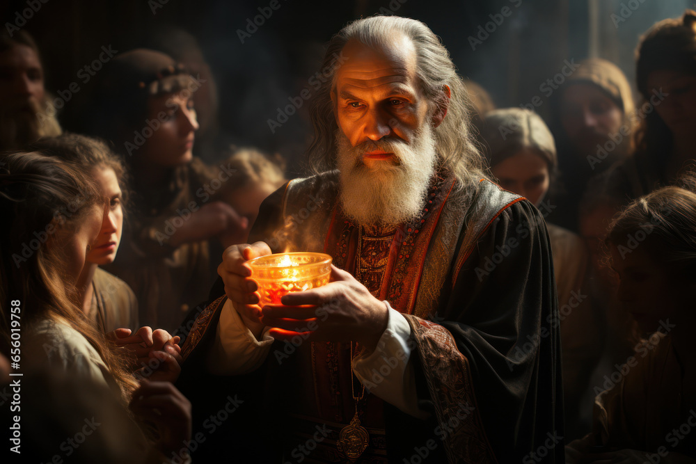 A priest offering communion, with worshipers partaking in the sacred ...