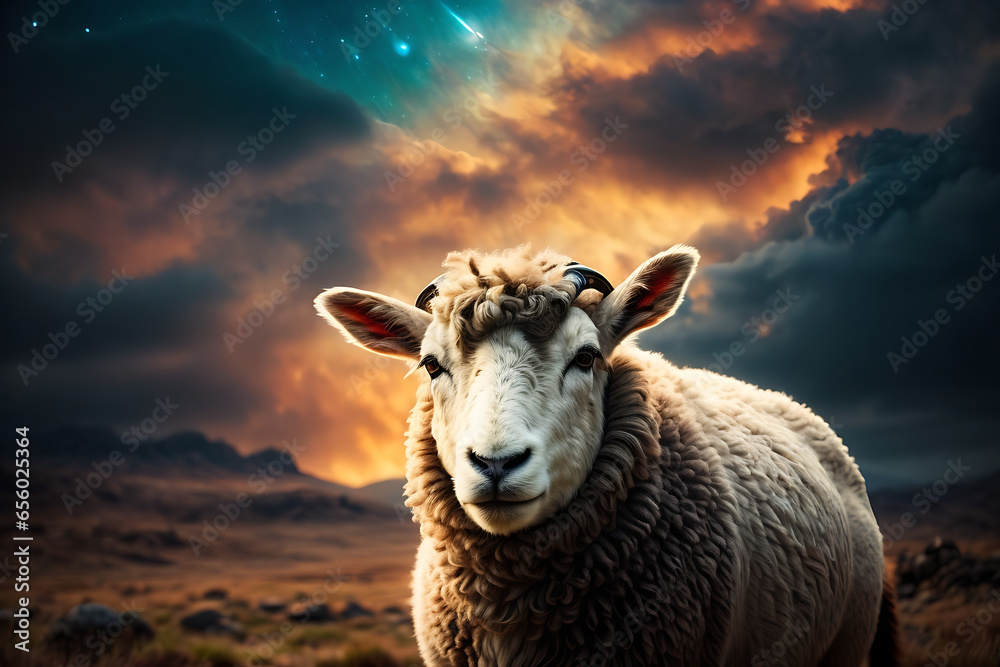 sheep with dramatic background, animal, farm, wool, mammal, white ...