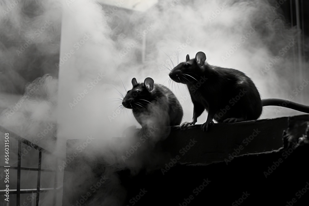 Black and white Photography of Rats in the Fog Carrier of the plague in the Middle ...