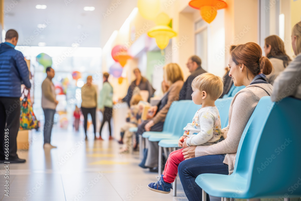 Families and children in a warm and welcoming medical center waiting ...
