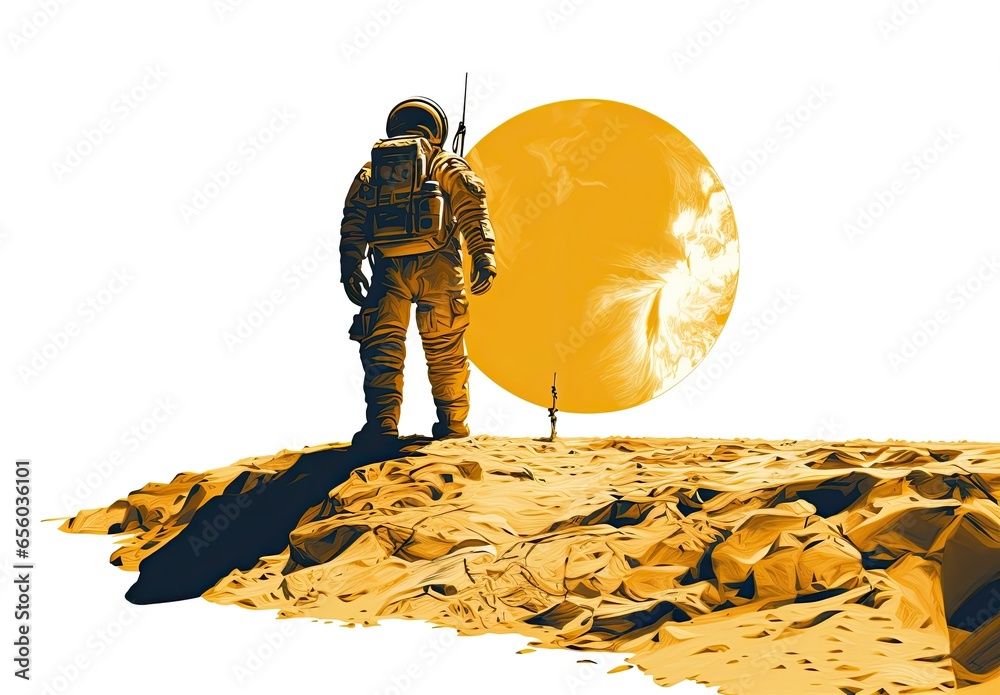 A drawing of an astronaut taking steps on another planet. An explorer ...