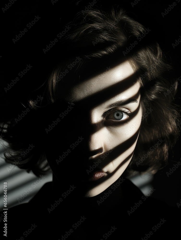 dramatic high contrast image of womans face with dark shadows obscuring ...