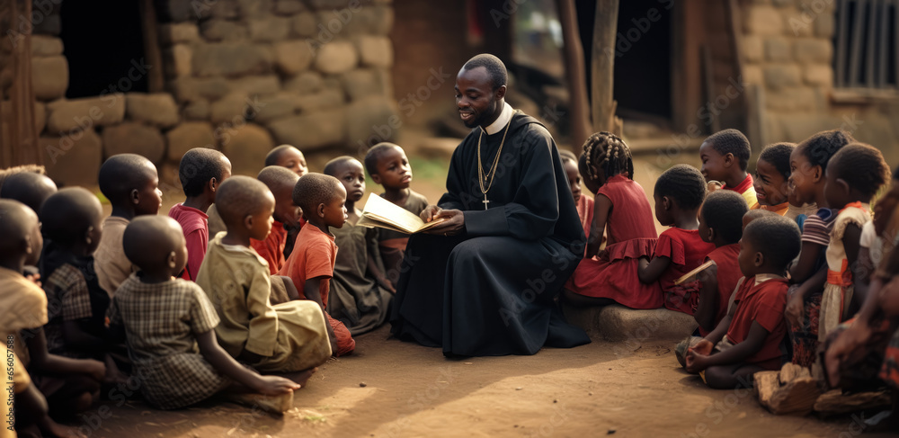 Black African pastor or priest preaching in village outside to group of ...