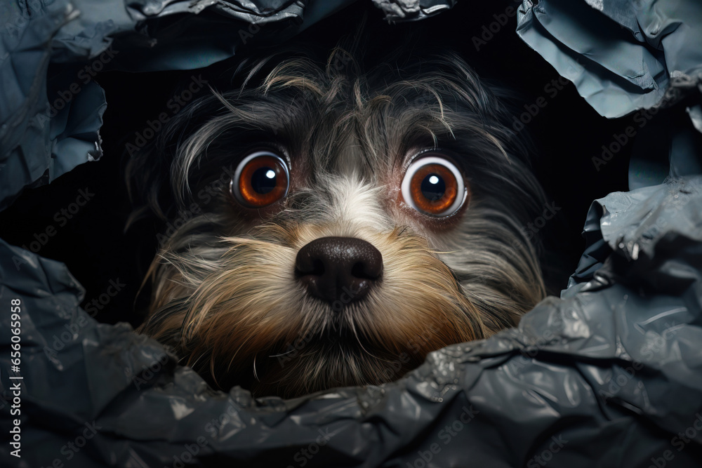 cute big eye black dog looking behind crumbed paper Stock Illustration ...